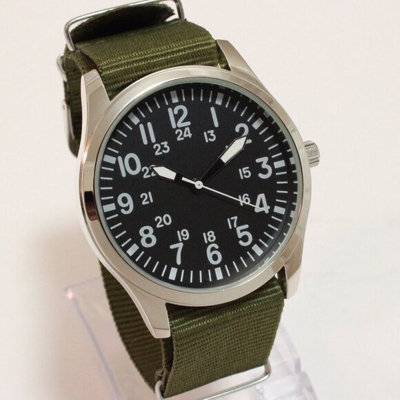 Accessories | Mens Quartz Field Watch Silver Tone Case Green Military ...